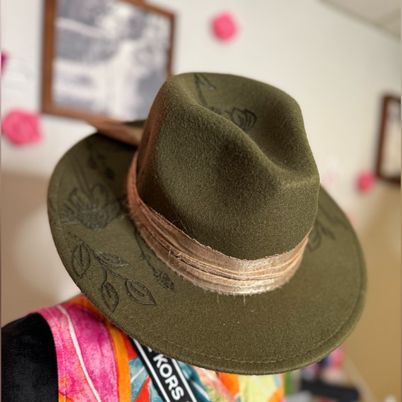 Accessories | Olive Green Wide Brim Hand Burned Hat With Floral ...